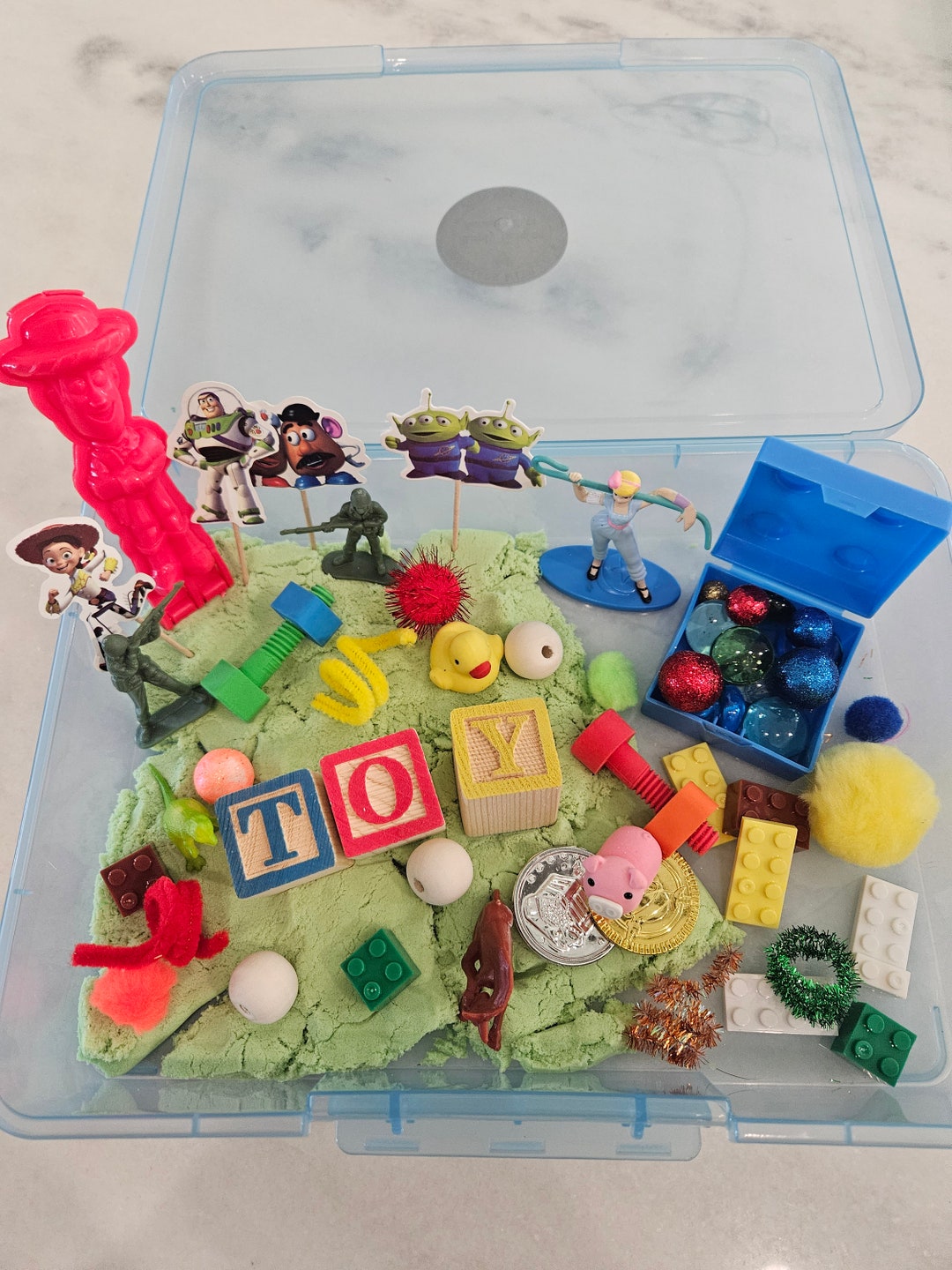 Toy Story Inspired Sensory Sand Bin, Busybox, Fidget, Connecting Blocks ...
