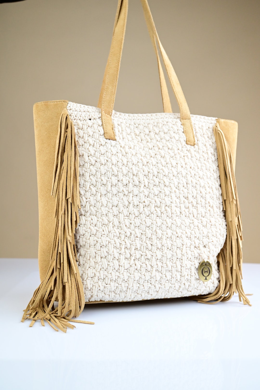Ecru Beige Women's Handbag, Chic Leather and Knitted Yarn Tote ...