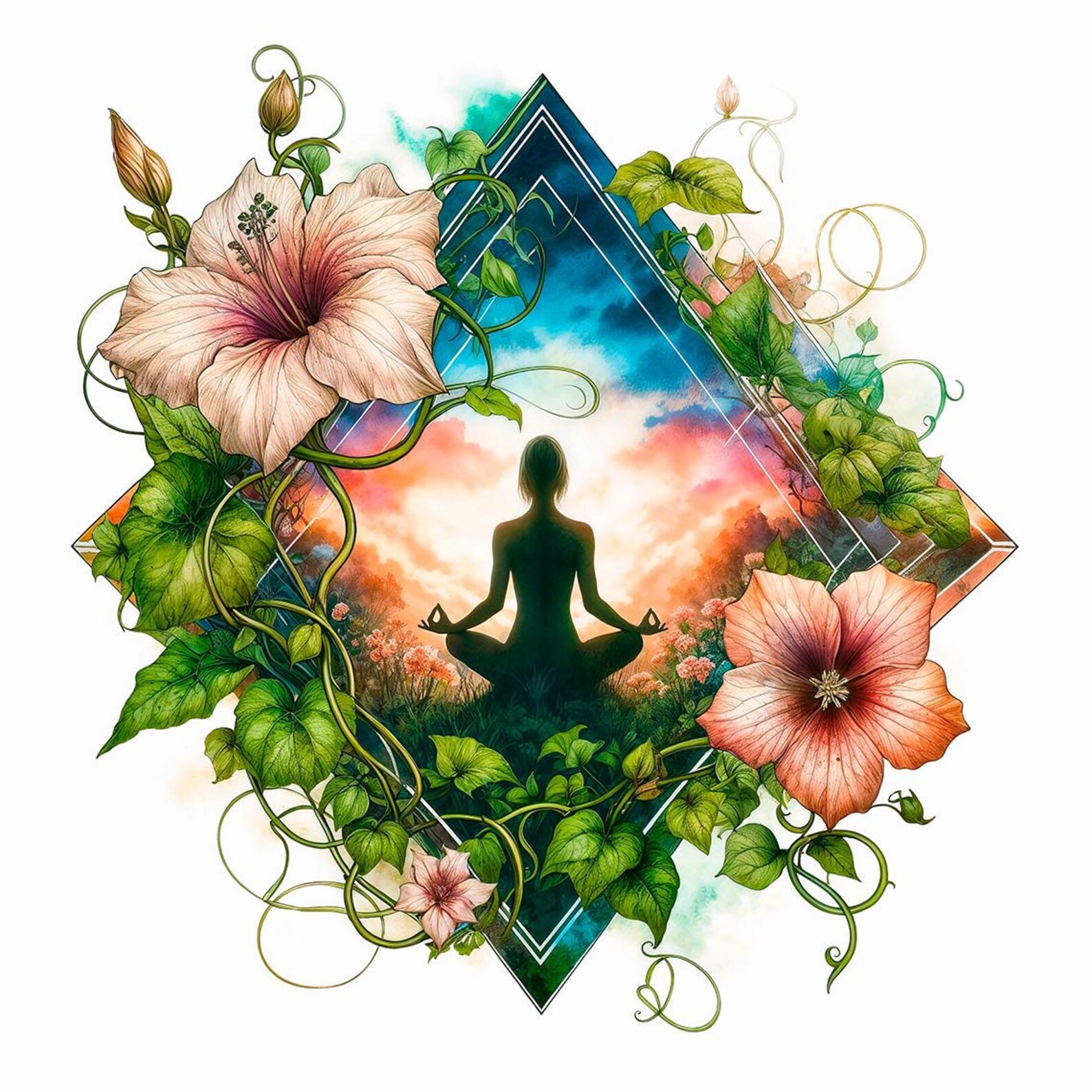 Floral Frame Yoga Pose, 10 High-quality JPG, Female Yoga Clipart Bundle ...