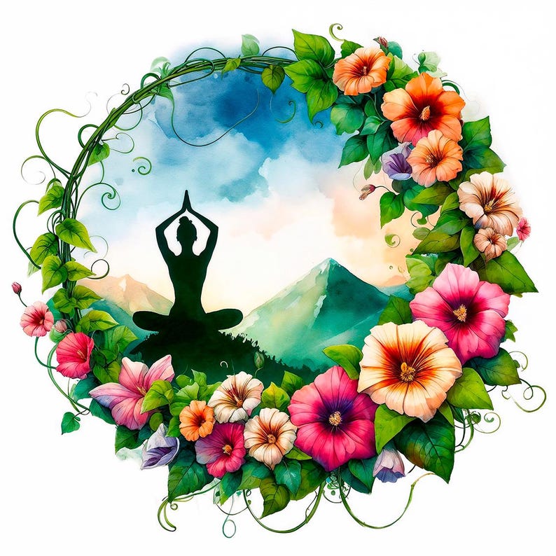 Floral Frame Yoga Pose, 10 High-quality JPG, Female Yoga Clipart Bundle ...