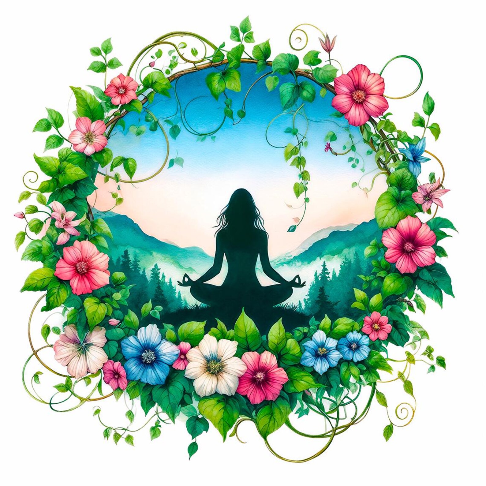 Floral Frame Yoga Pose, 10 High-quality JPG, Female Yoga Clipart Bundle ...