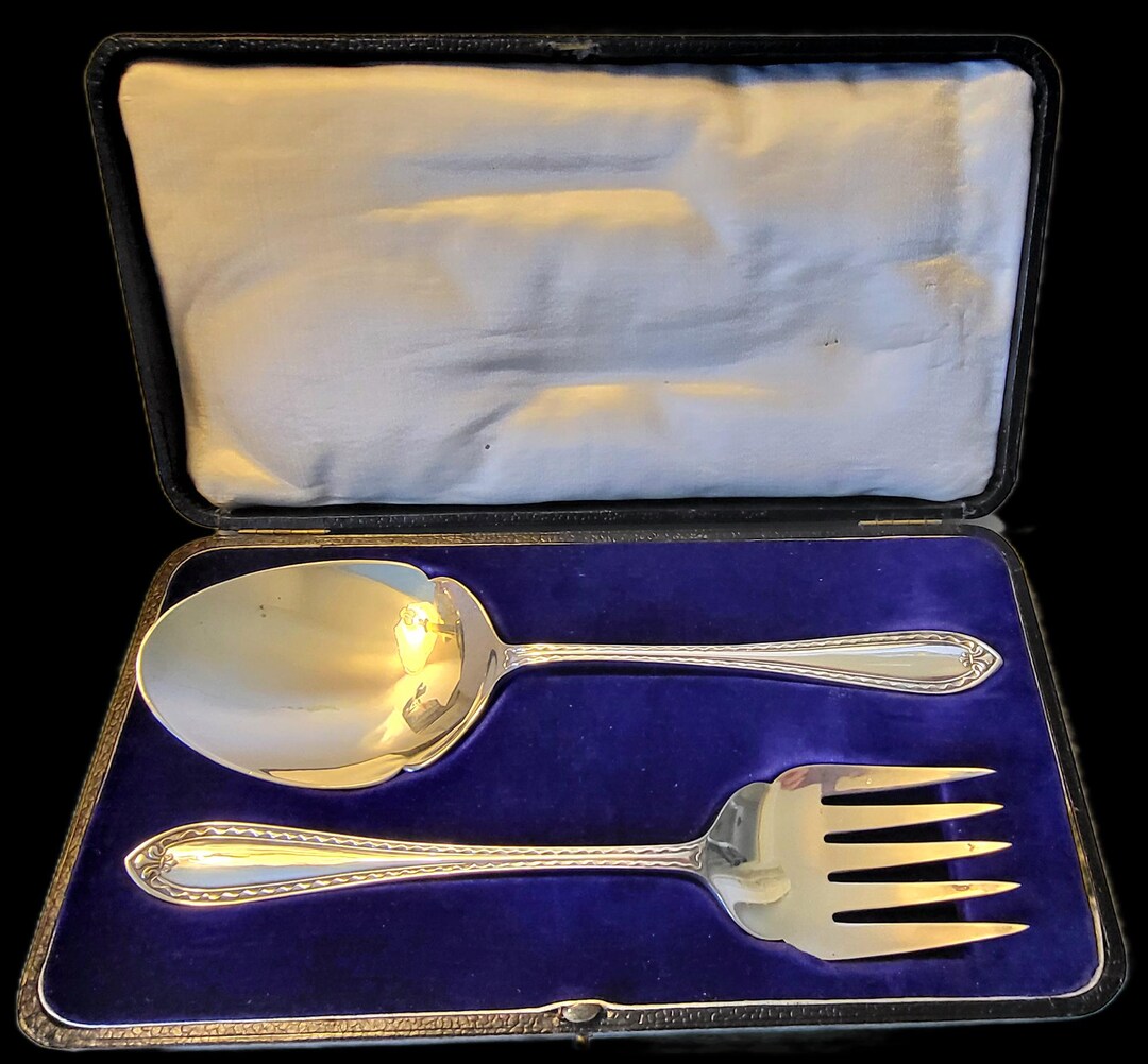 Silver Plated Fish Serving Spoon & Fork Set in Original Case - Marked ...