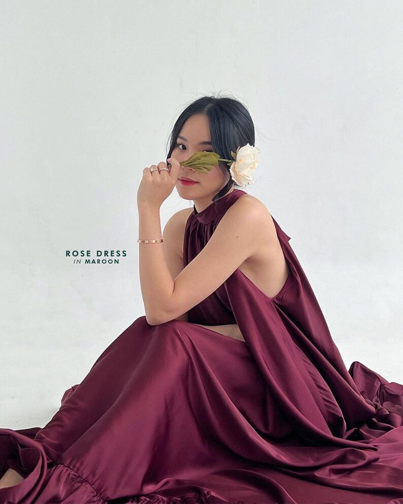 Maroon Halterneck Gown: Elegant Flowy Party Dress - Etsy