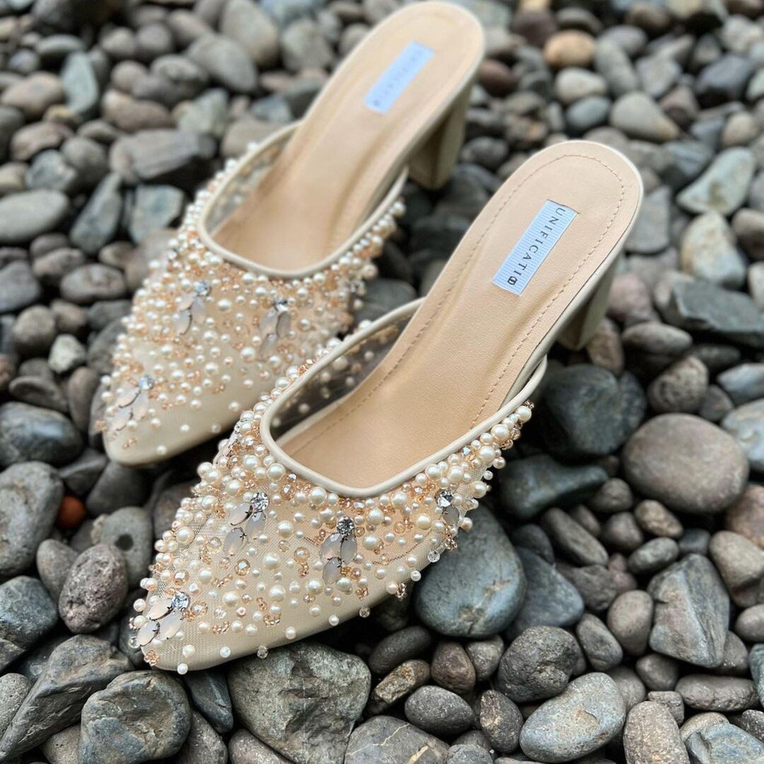 Pearl Beaded Wedding Mules: Light Gold Bridal Party Low Heels - Etsy