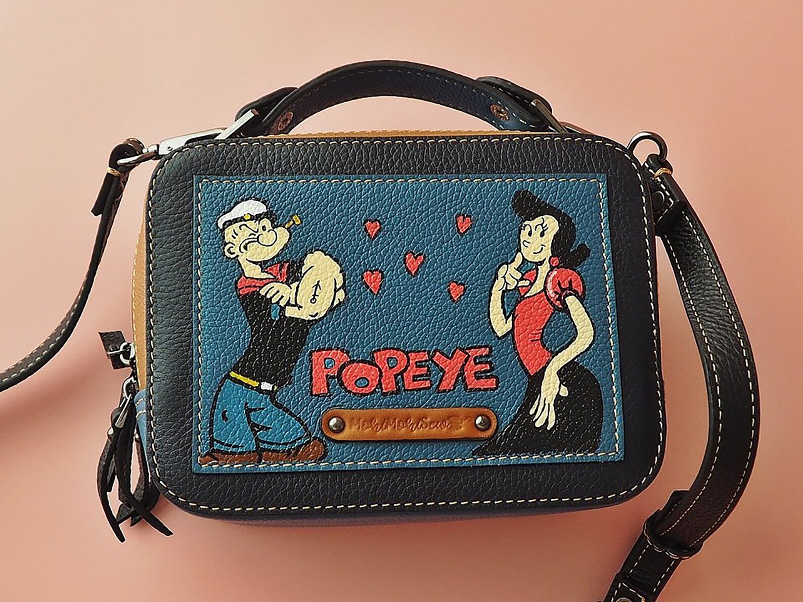 Handmade leather sling bag popeye painting popeye olive gift | Etsy