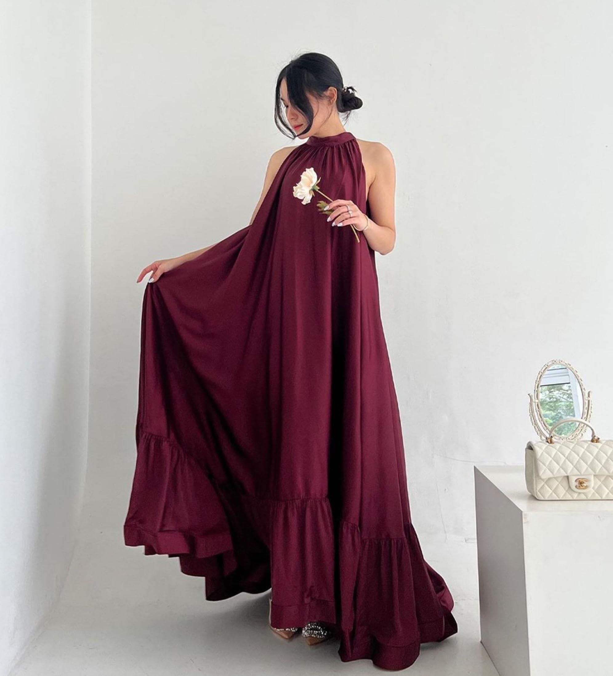 Maroon Halterneck Gown: Elegant Flowy Party Dress - Etsy