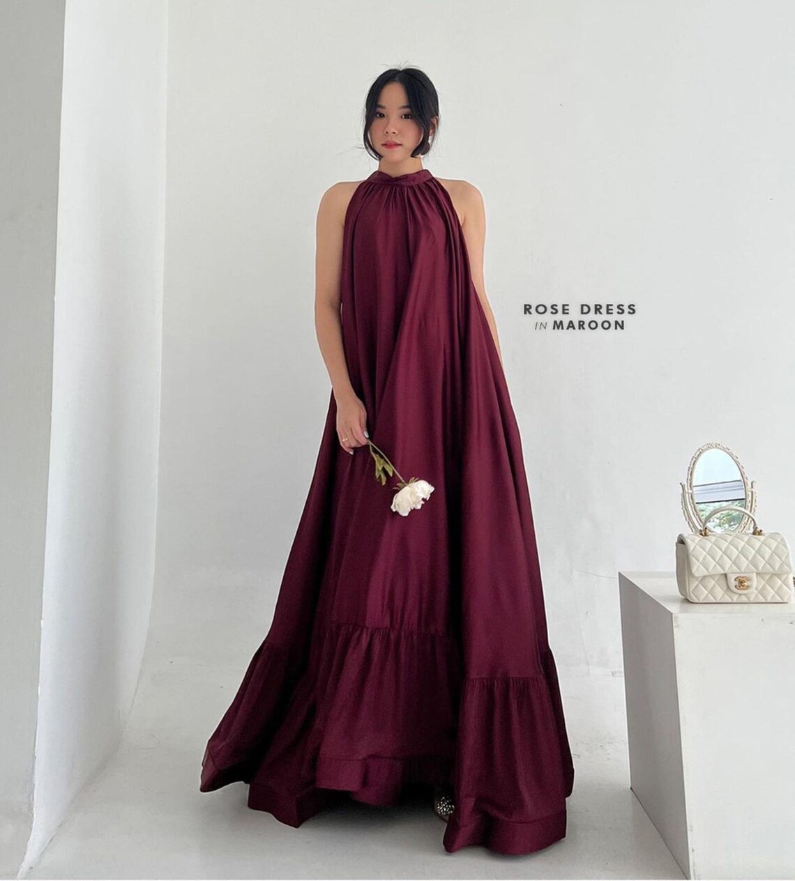Maroon Halterneck Gown: Elegant Flowy Party Dress - Etsy
