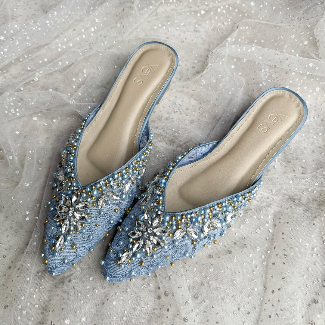 Blue Embroidered Lace Wedding Mule, Simple Elegant Bridal Low Heels ...