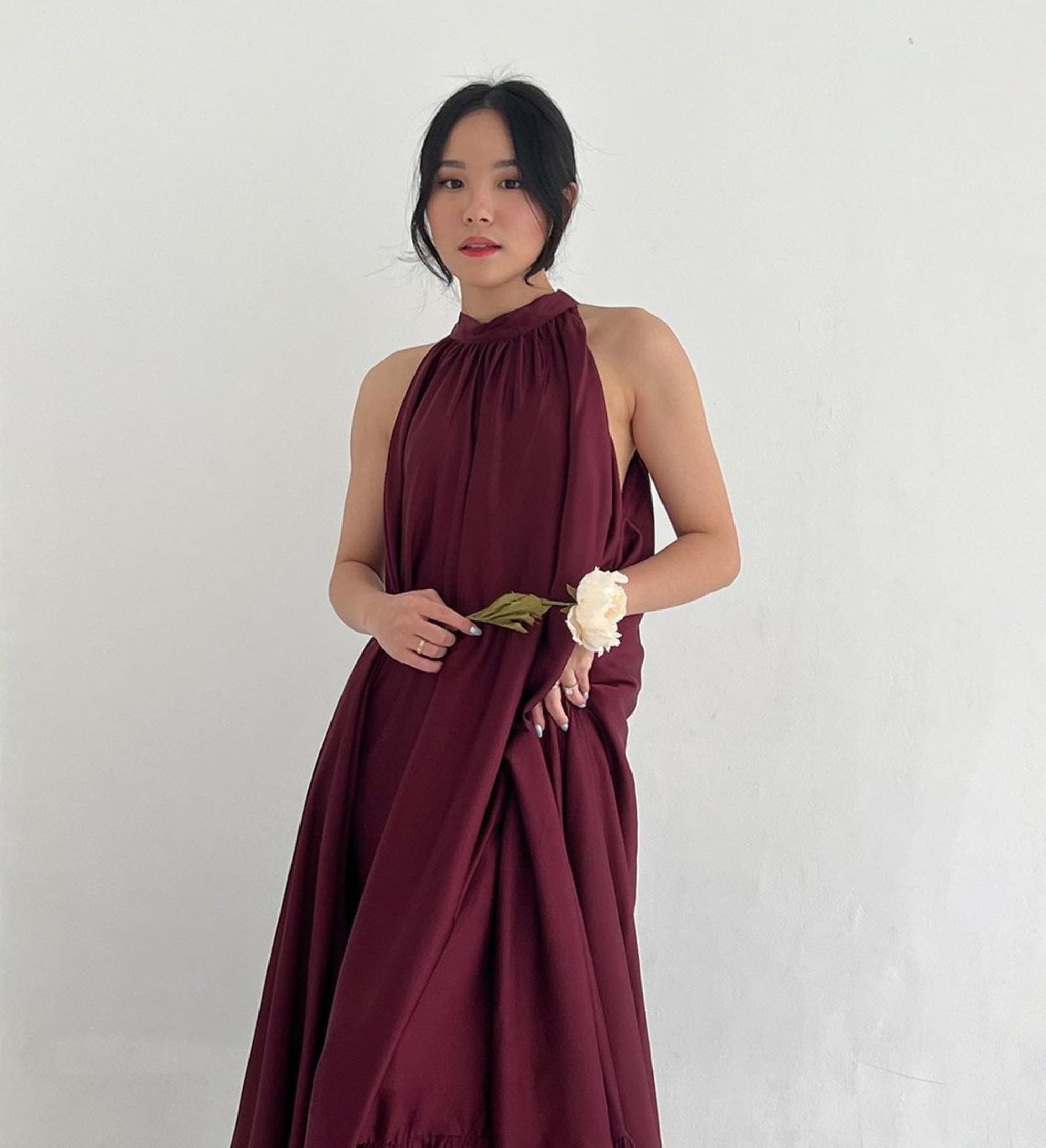 Maroon Halterneck Gown: Elegant Flowy Party Dress - Etsy