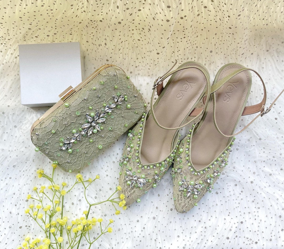 Sage Green Lace Beaded Heels: Elegant Cinderella Wedding Shoe - Etsy
