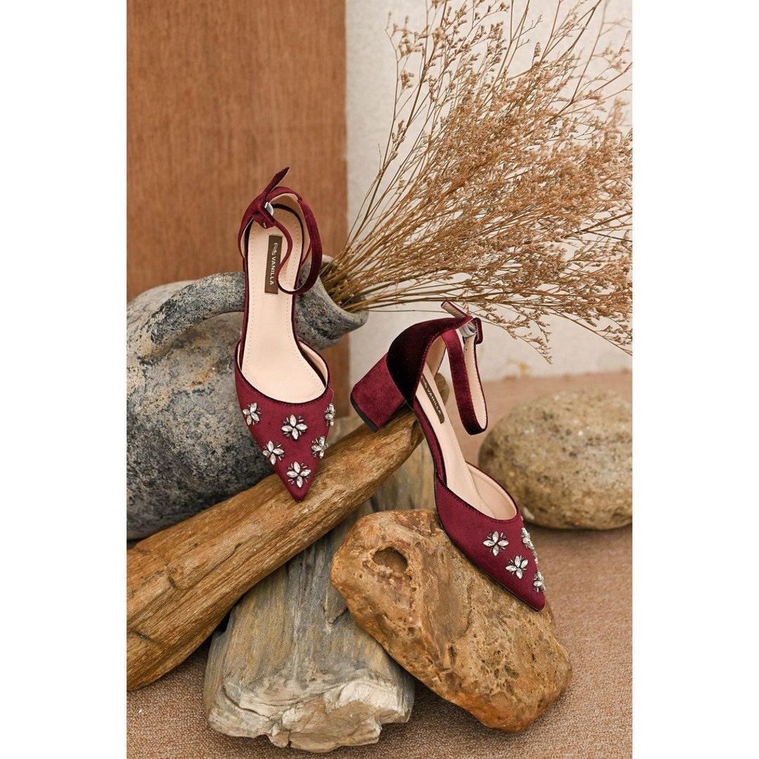 Burgundy Pointed Toe Low Heels Shoe, Timeless Velvet Party Shoe, Simple ...