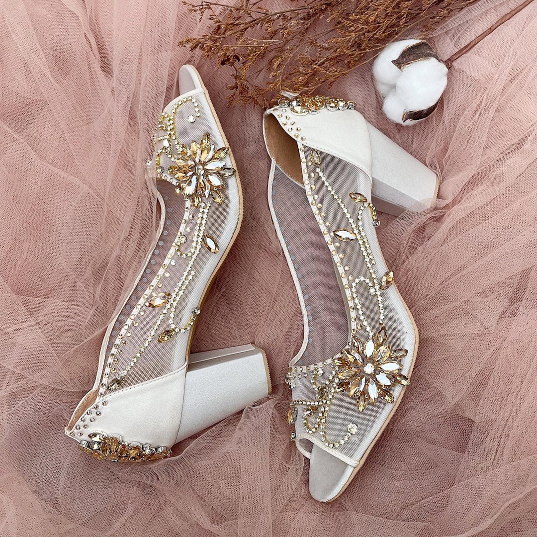 White Rhinestone Bridal Shoe, Princess Cinderella Open Toe Elegant Shoe ...