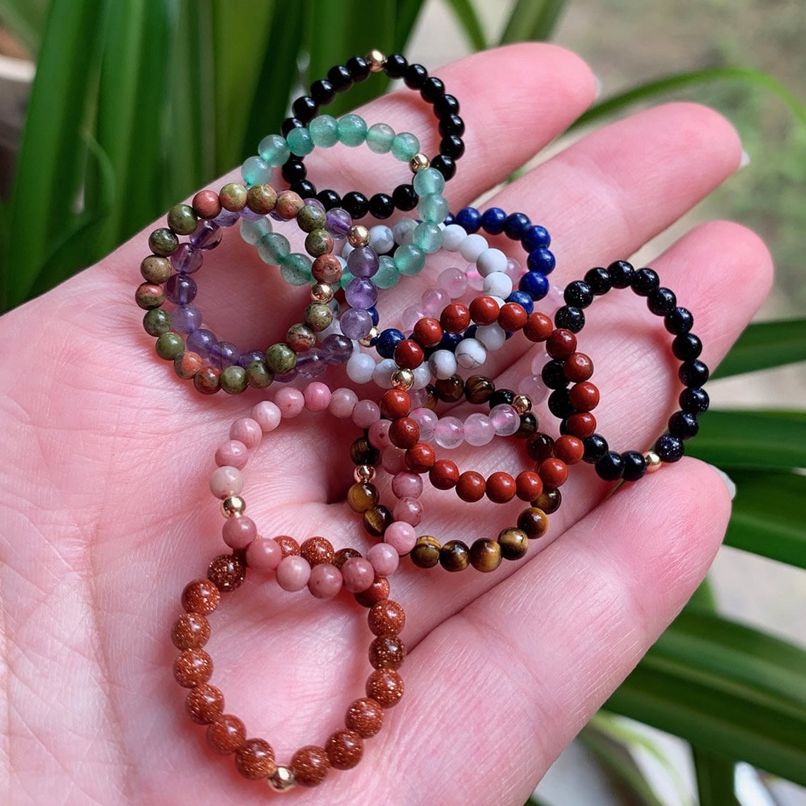 Natural Gemstone Ring Beaded Thumb Stretch Stack Crystal Healing ...