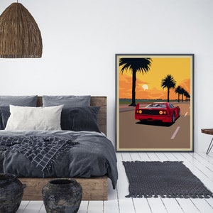 Vintage Ferrari F40 Poster, Retro Sunset Ferrari Art Prints, Ferrari ...