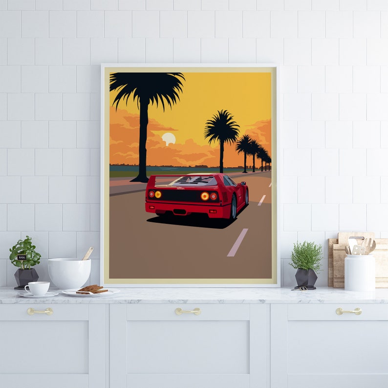 Vintage Ferrari F40 Poster, Retro Sunset Ferrari Art Prints, Ferrari ...