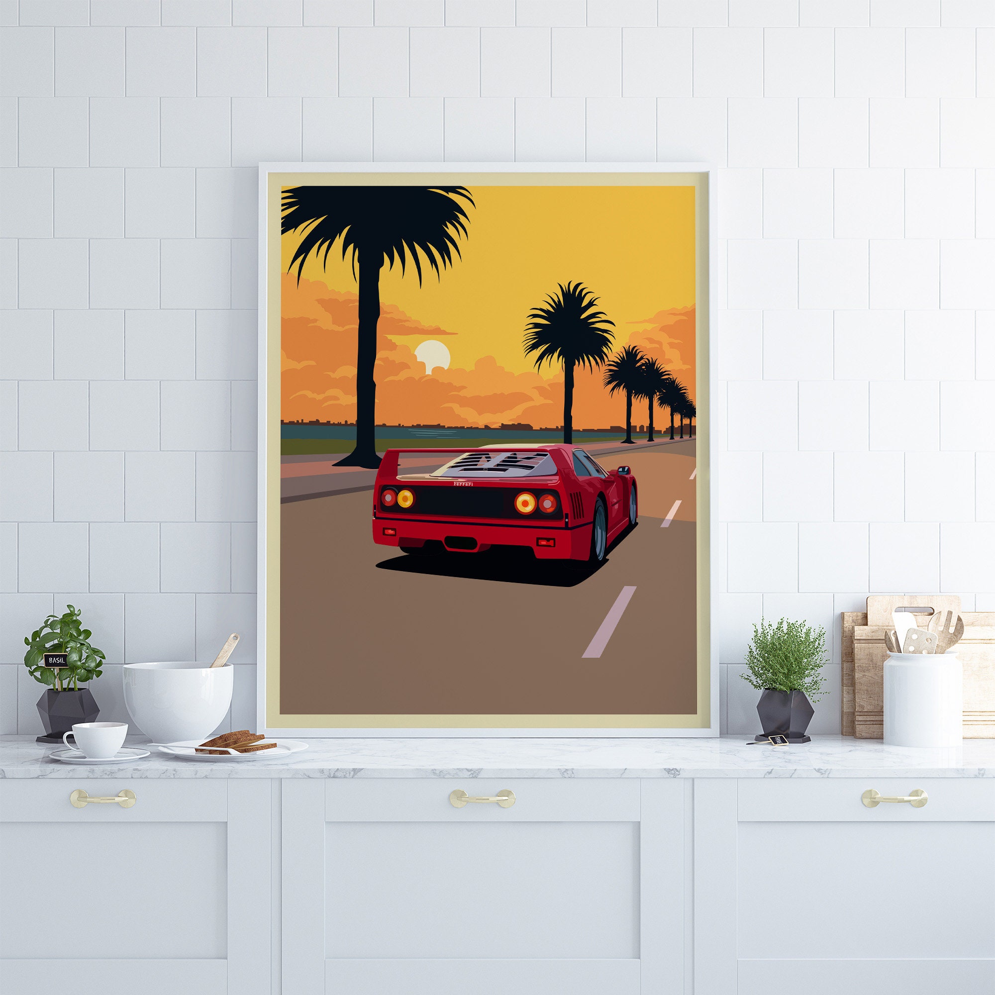 Vintage Ferrari F40 Poster, Retro Sunset Ferrari Art Prints, Ferrari ...