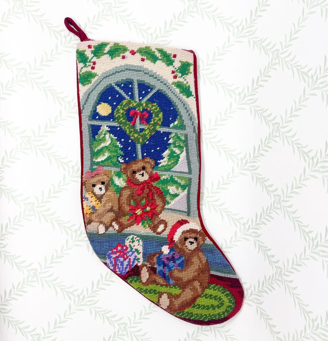 Vintage Needlepoint Christmas Stocking, Teddy Bears - Etsy