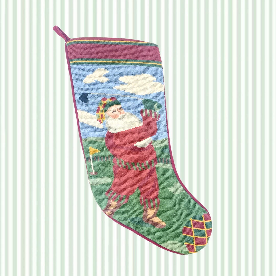 Vintage Needlepoint Santa Golf Christmas Stocking - Etsy