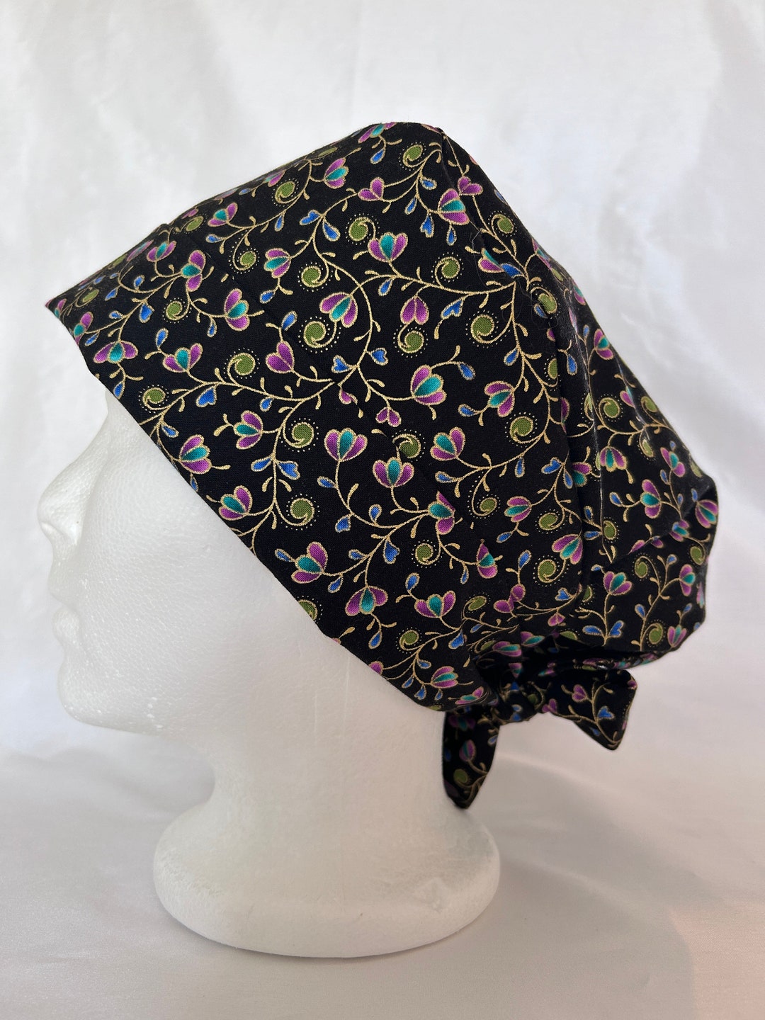 Scrub Cap. Metallic Gold Vines on Black With Tiny Flowers. Women's ...