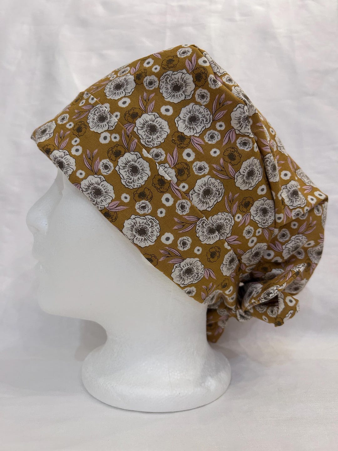 Scrub Cap. Scrub Hat. Mustard Yellow and Pink Floral Flower Print ...