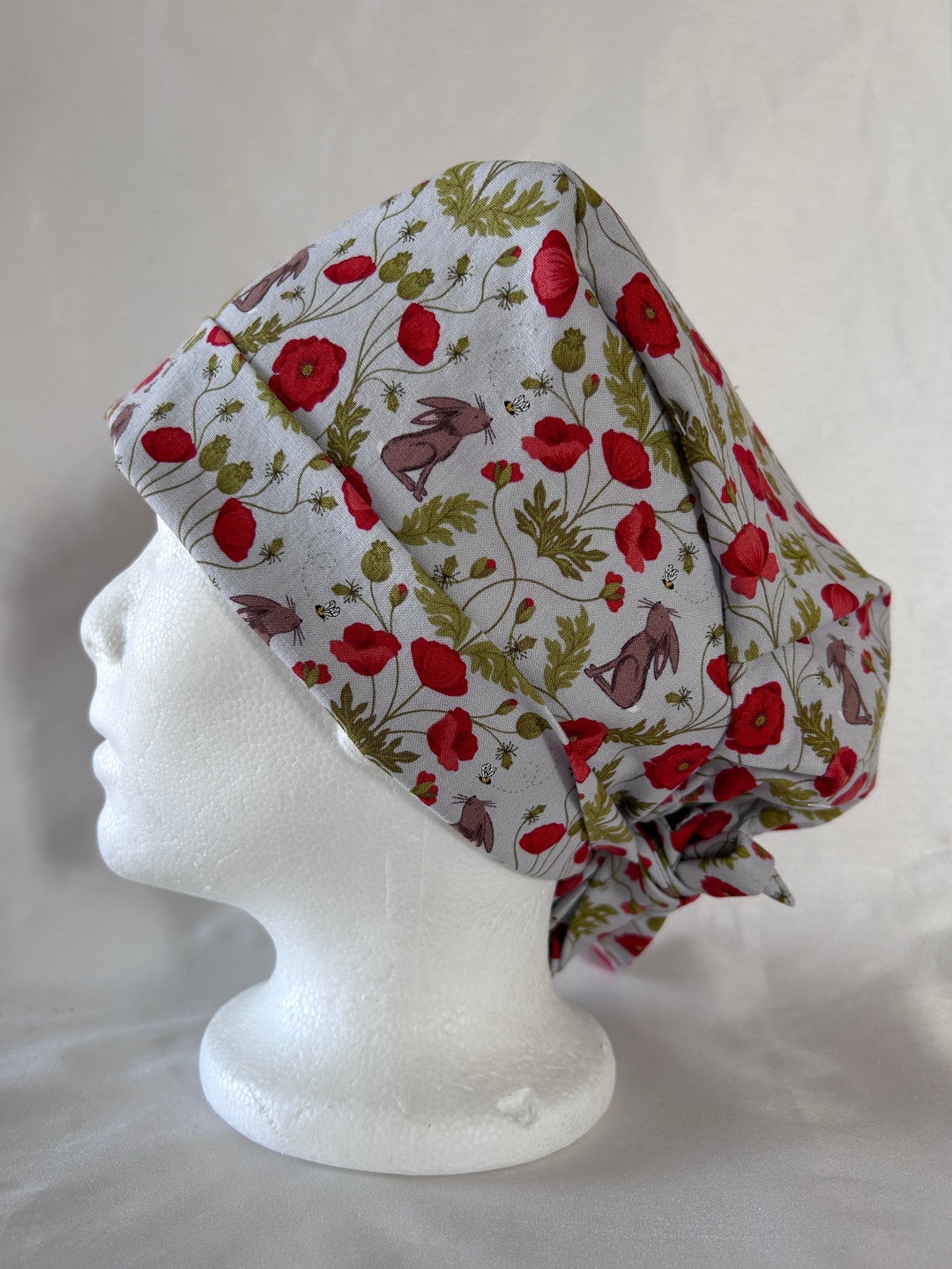 Red Floral Poppy and Bunny Rabbit Scrub Cap. Operating Room Scrub Hat ...