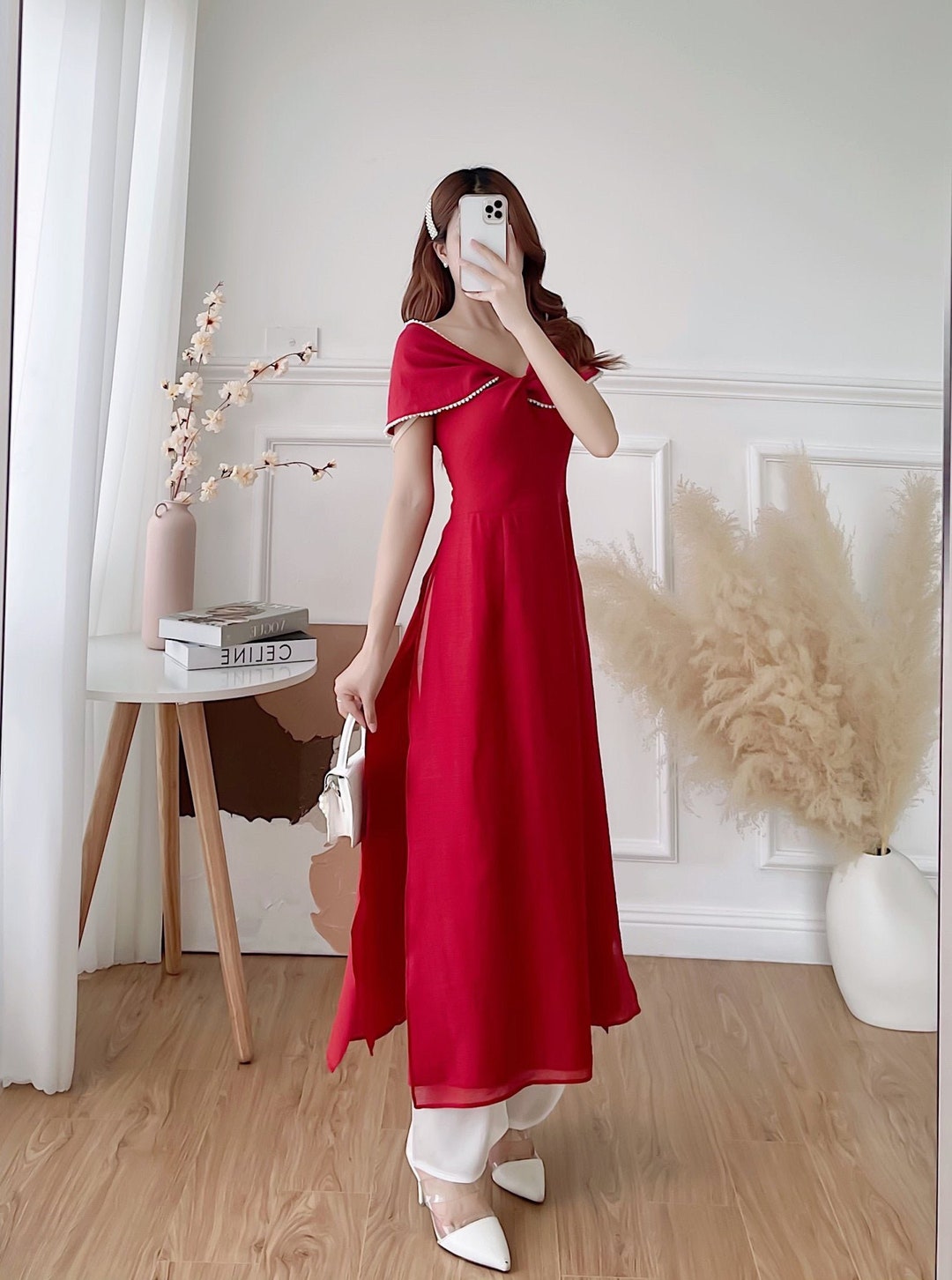 CT56 3817 Only áo Áo Cách Tân Tơ Xước 4 Tà đỏ Tay Trễ Lơi - Etsy