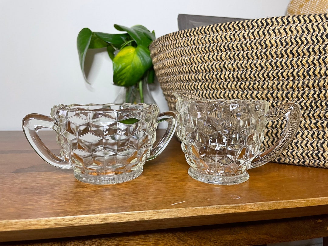 Vintage Jeannette Clear Depression Glass Cubist Pattern Open Sugar Bowl ...