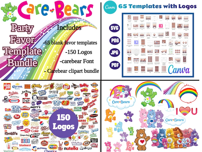 Care Bear Canva Party Favor Template Bundle , Chip Bag , Water Bottle ...
