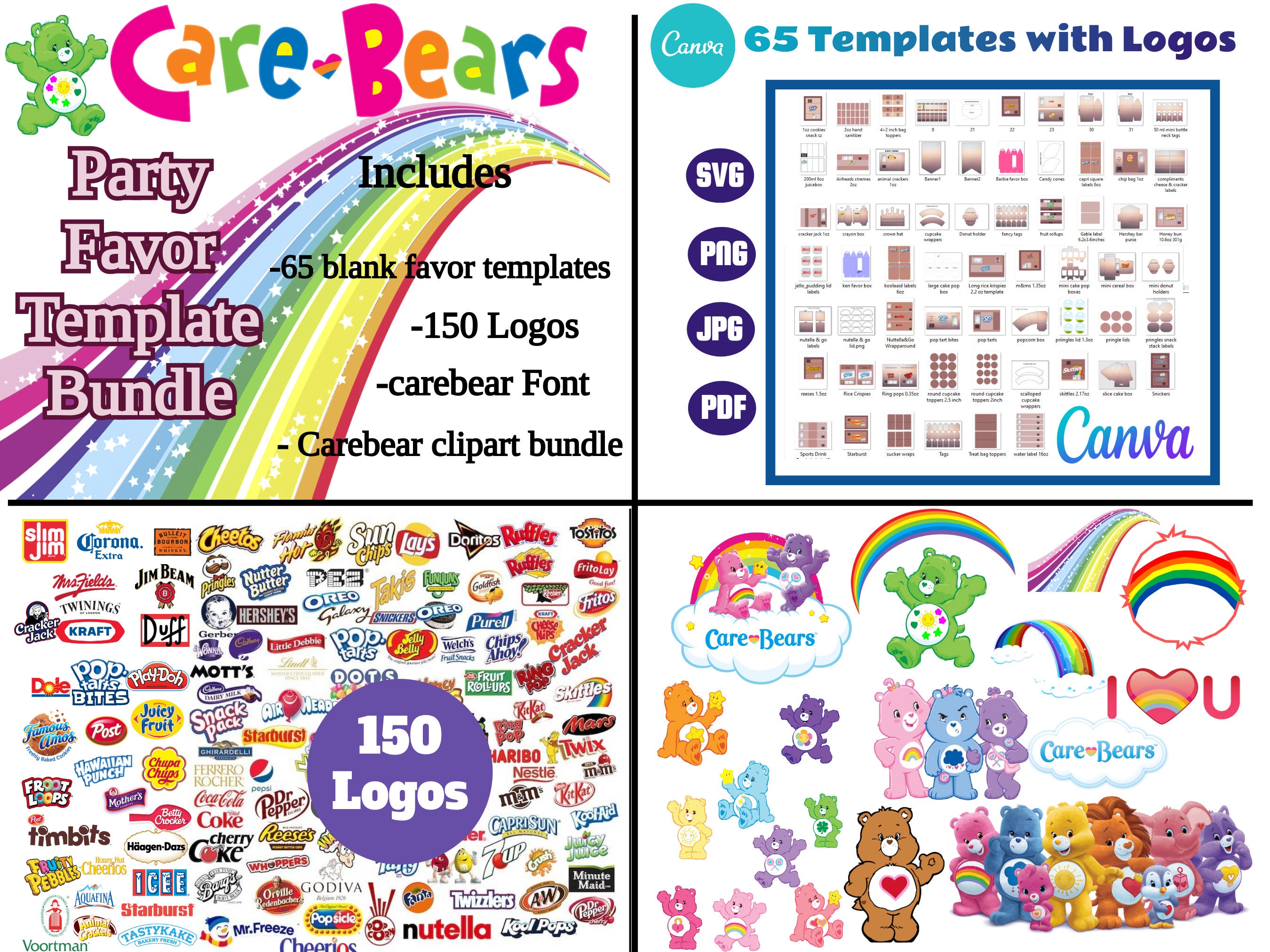 Care Bear Canva Party Favor Template Bundle , Chip Bag , Water Bottle ...