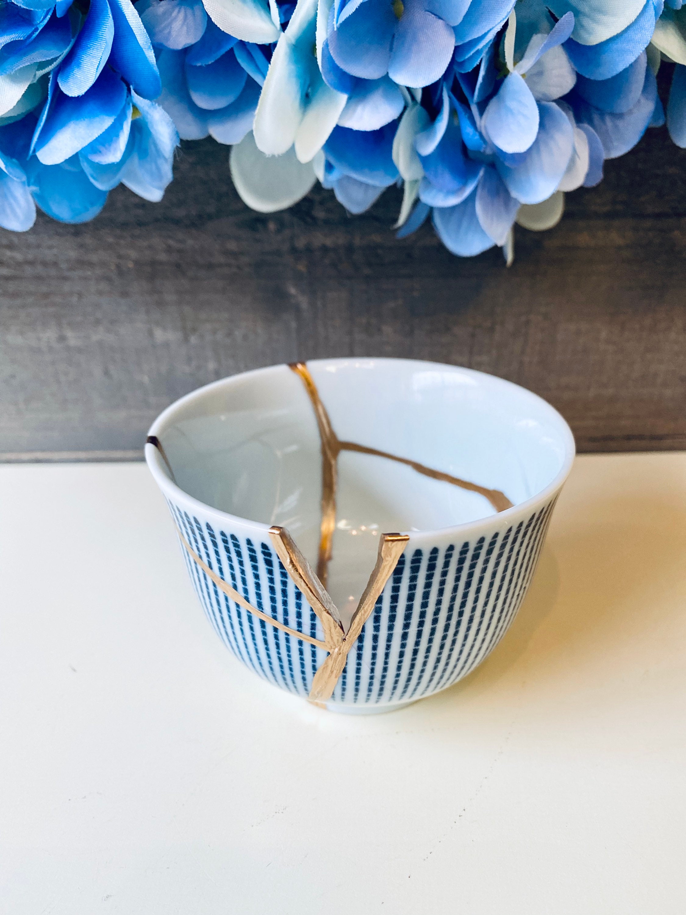 Kintsugi Bowl Kintsugi Blue Striped Teacup Kintsugi Pottery - Etsy
