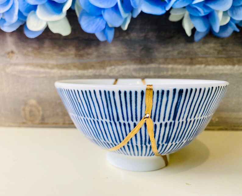 Kintsugi Bowl, Kintsugi Blue Stripped Bowl, Kintsugi Pottery, Holiday ...