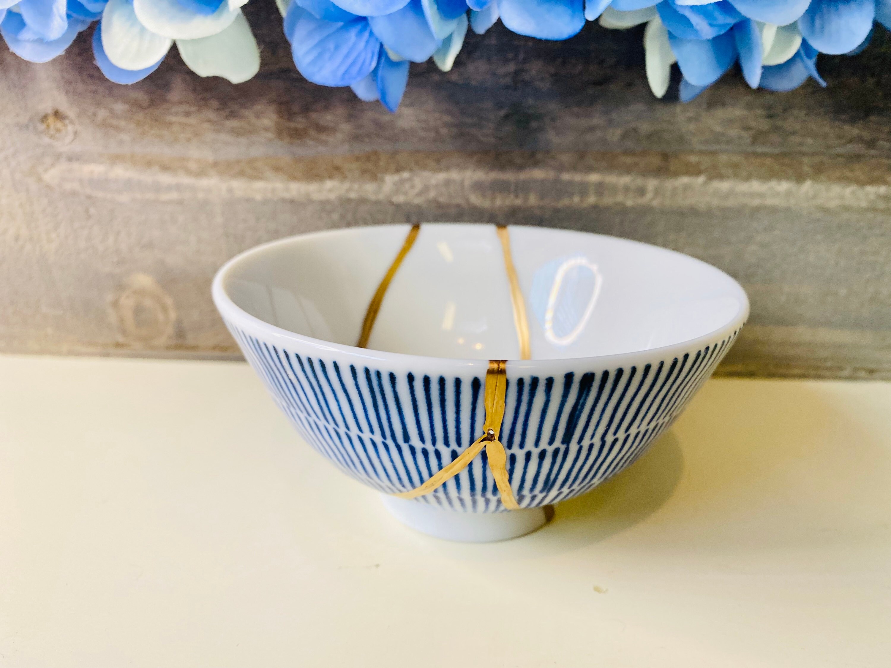 Kintsugi Bowl, Kintsugi Blue Stripped Bowl, Kintsugi Pottery, Holiday ...