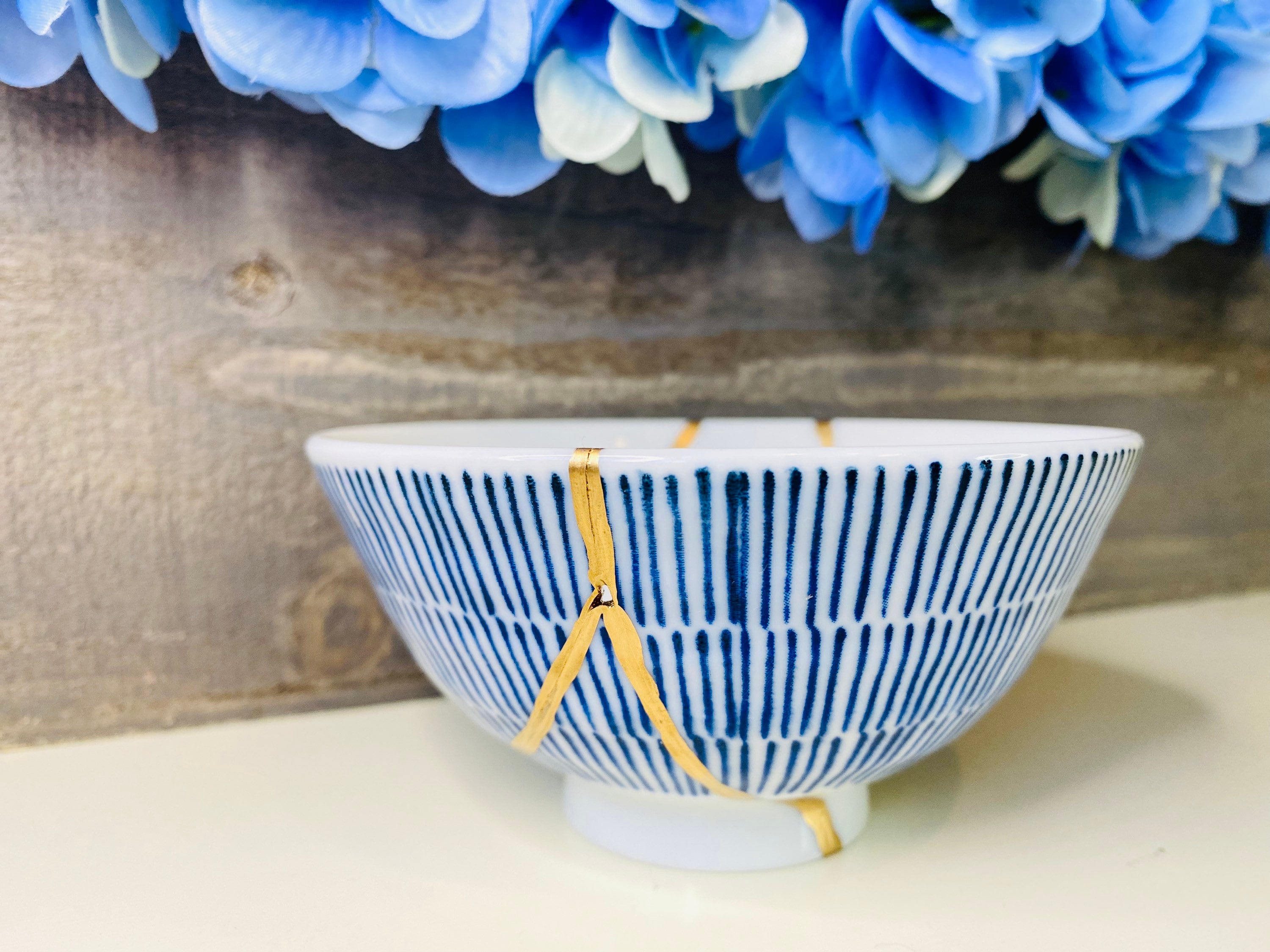 Kintsugi Bowl, Kintsugi Blue Stripped Bowl, Kintsugi Pottery, Holiday ...