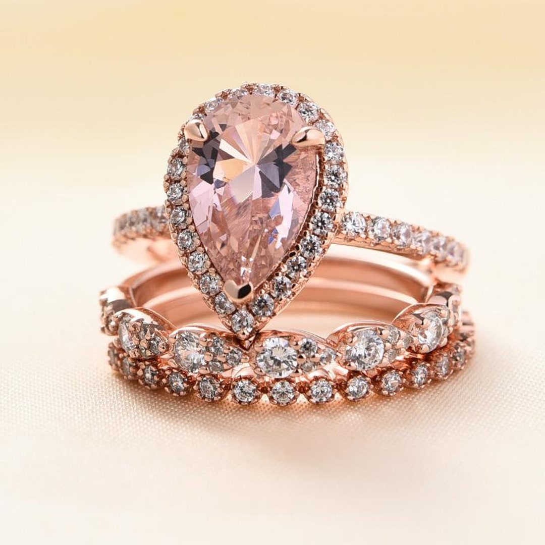 Pear Cut Morganite Engagement Ring Set,antique Halo Set Wedding Band ...