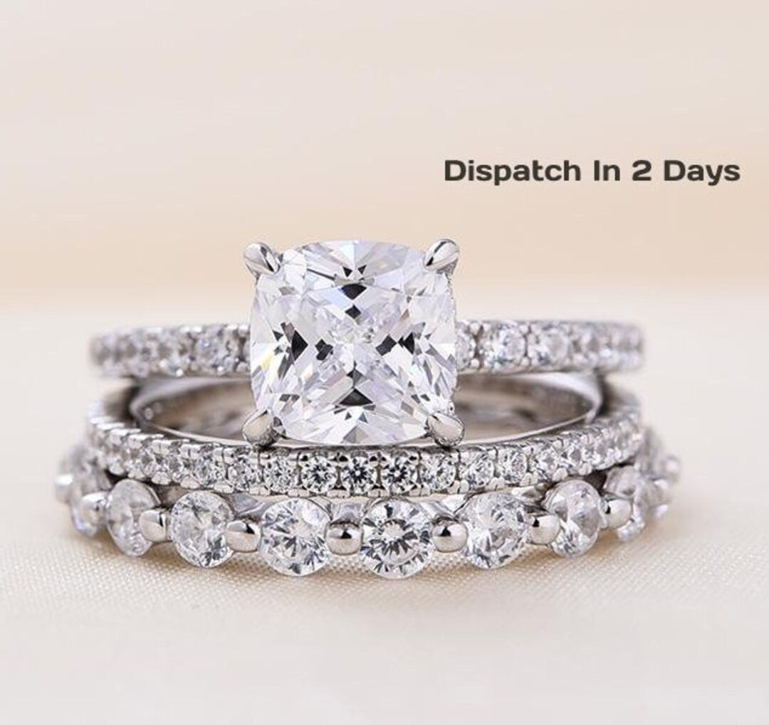 3pcs Wedding Ring Set, Bridal Ring Set, Cushion Cut Moissanite ...