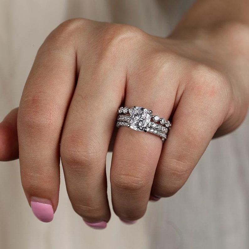 3pcs Wedding Ring Set Bridal Ring Set Cushion Cut Moissanite - Etsy