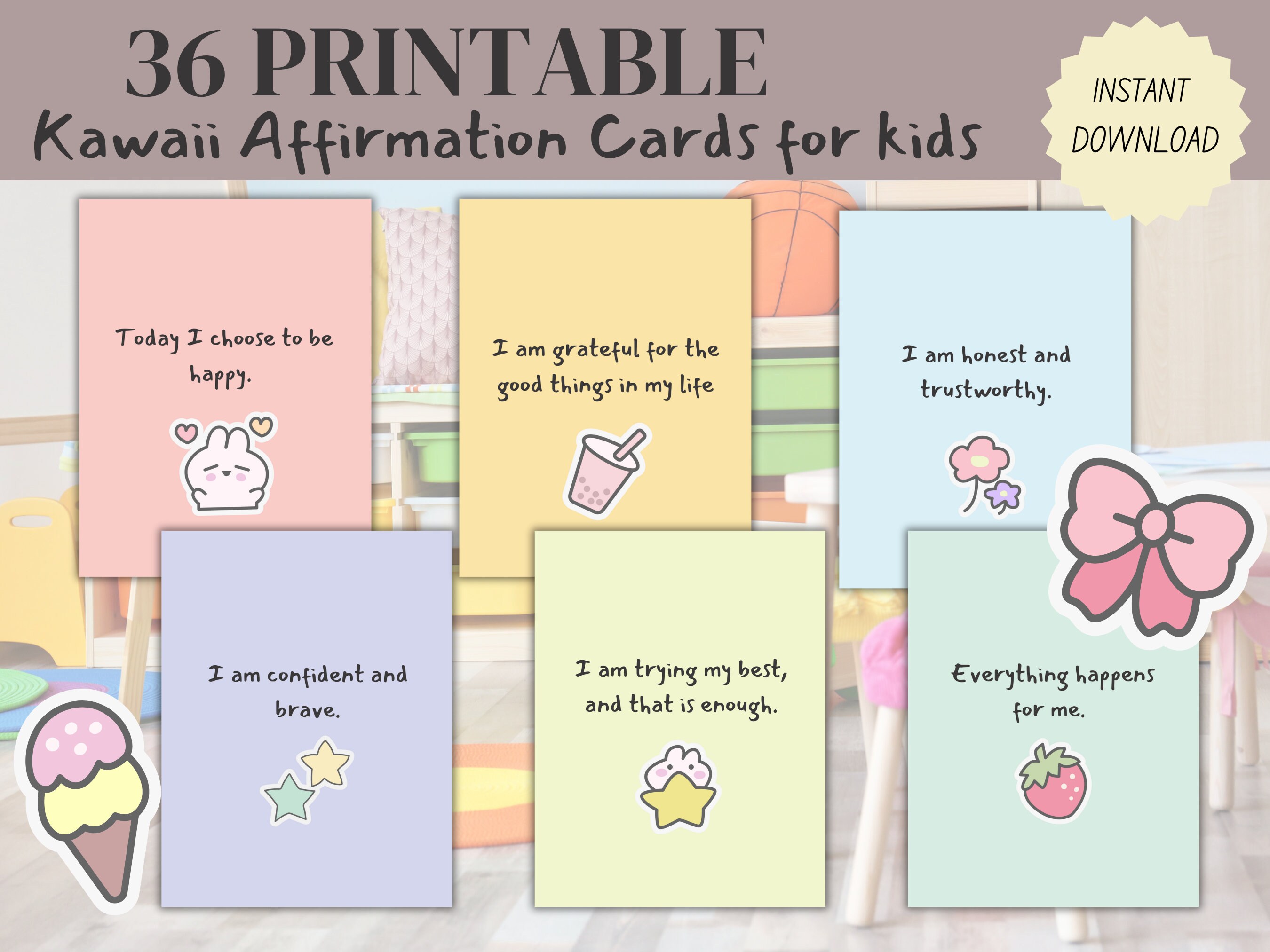 36 Kawaii Affirmation Cards for Kids Printable Digital Download PDF ...