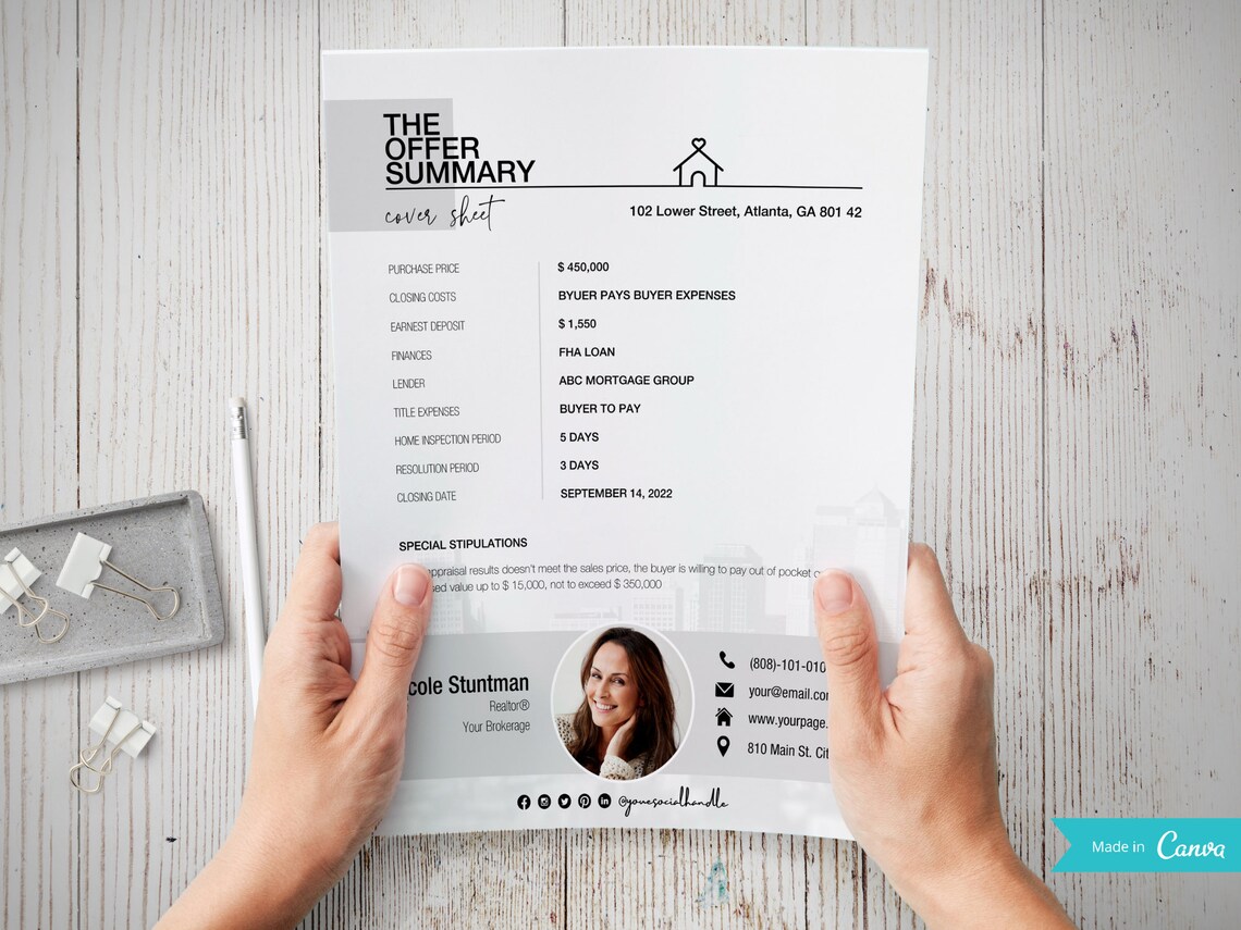 Real Estate Offer Summary | Offer Summary Sheet | Offer Cover Sheet ...