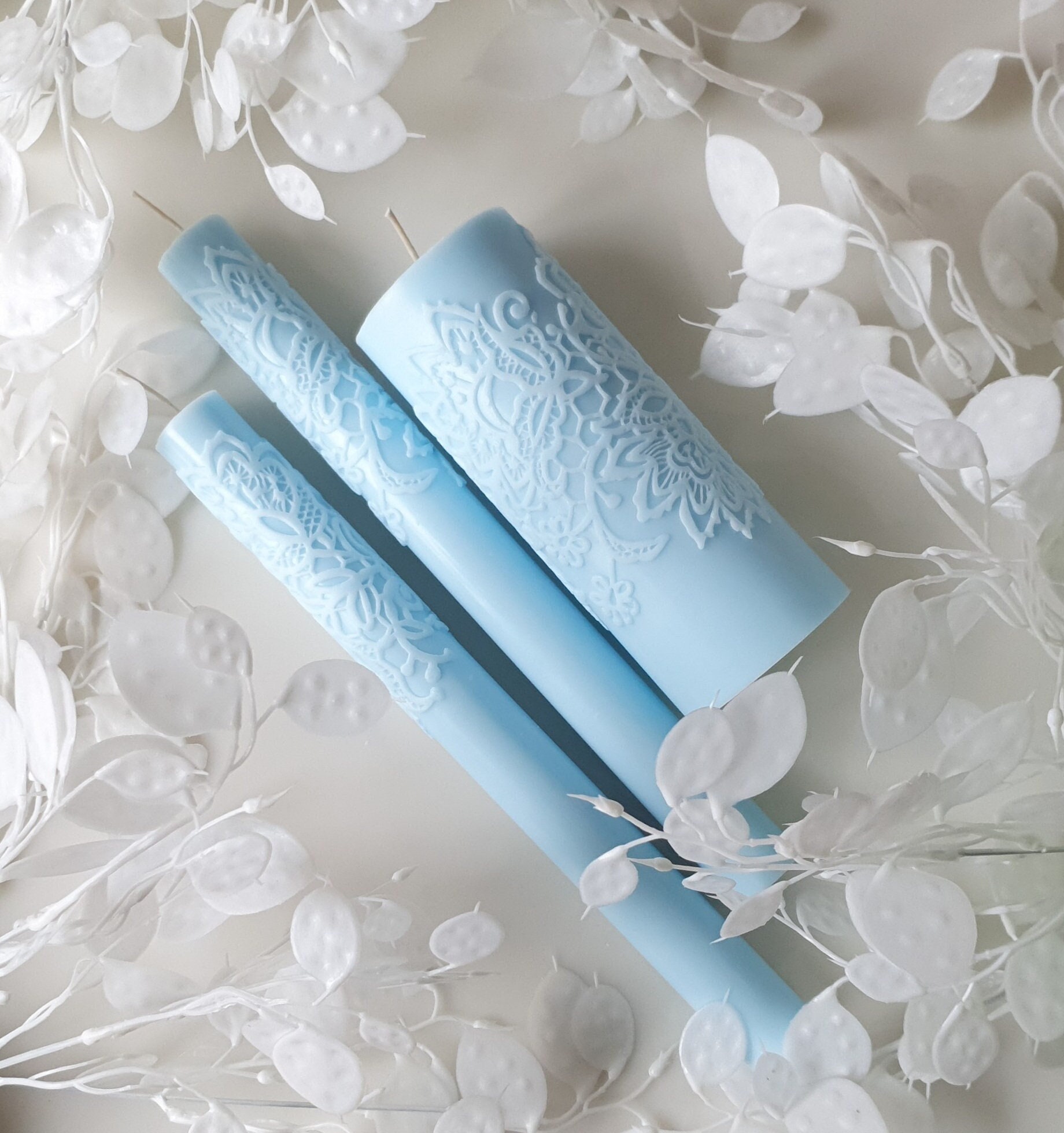 Lace Pillar Candle Set: Wedding Unity Candles, Altar Candlestick - Etsy