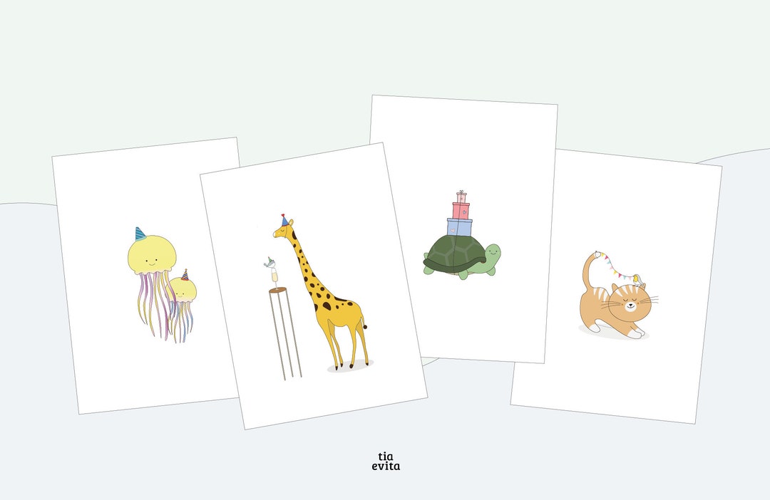 Cute Greetings Cards Animals | Set of 4 - Etsy