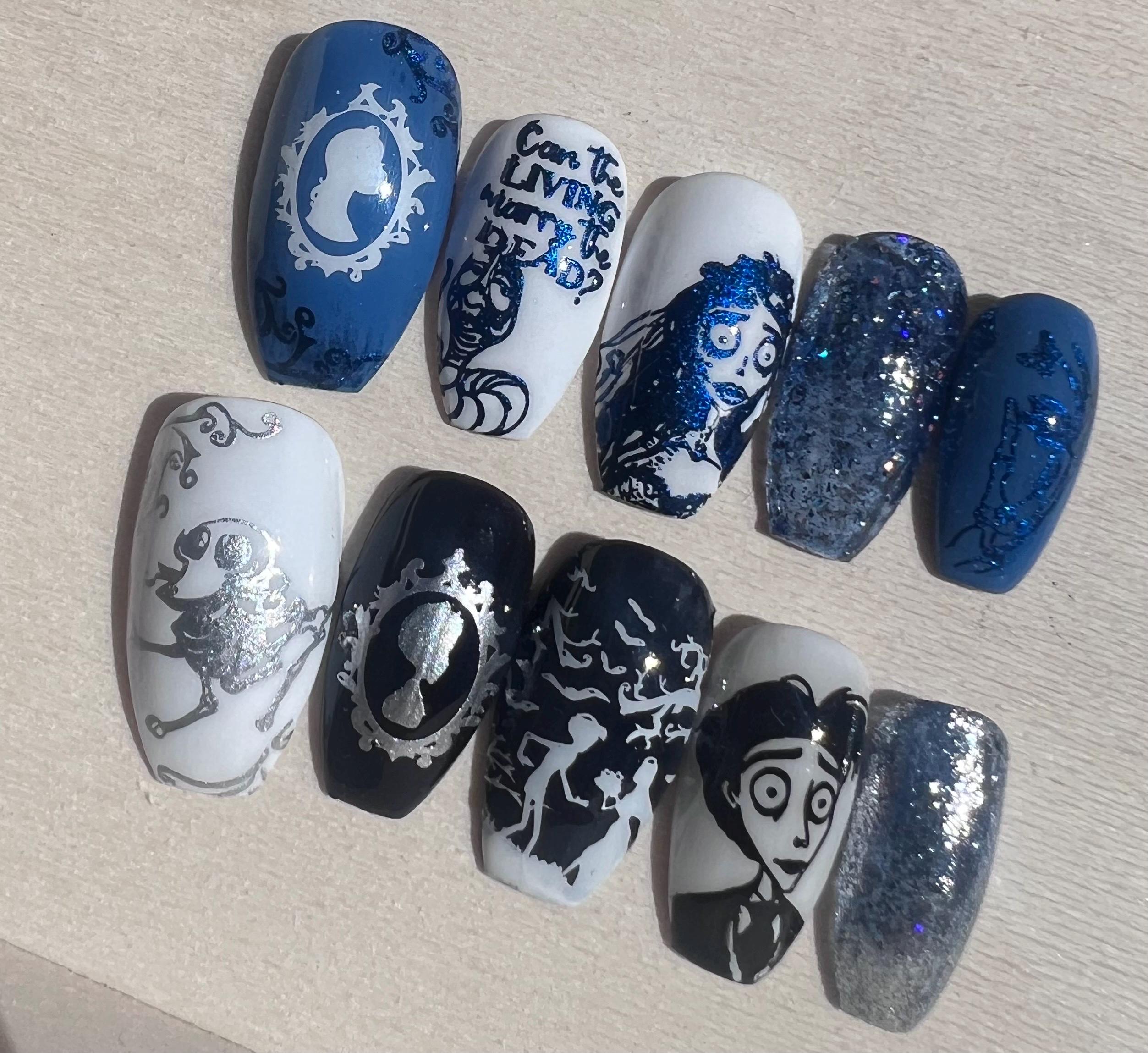 Corpse Bride Halloween Inspired Press on Nails: Blue, White and Black ...