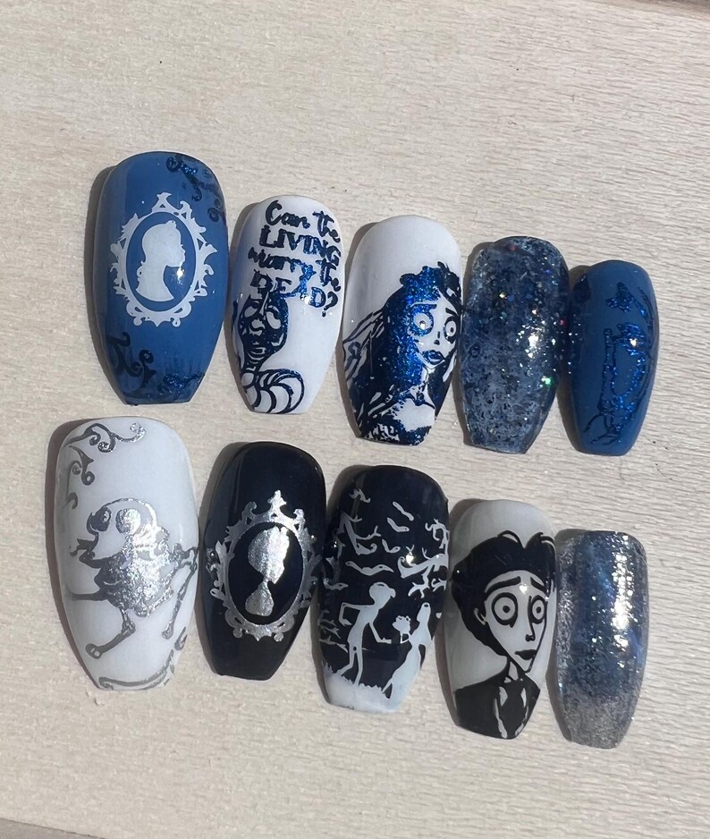 Corpse Bride Halloween Inspired Press on Nails: Blue, White and Black ...