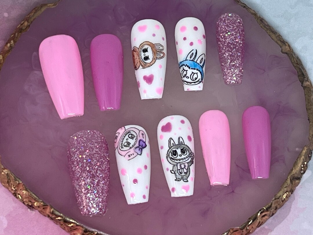 Labubu Press on Nails/ Cute Nails/ Fake Nails/ Pink and White Nails ...