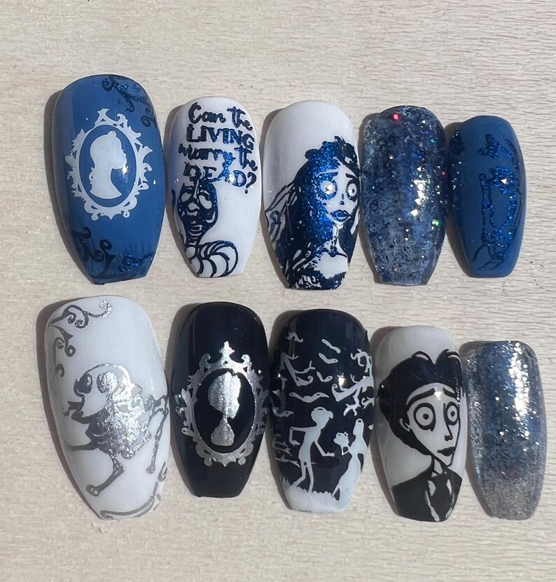 Corpse Bride Halloween Inspired Press on Nails: Blue, White and Black ...