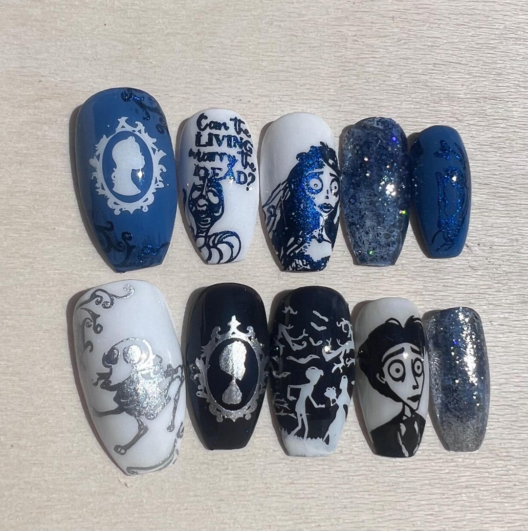 Corpse Bride Halloween Inspired Press on Nails: Blue, White and Black ...