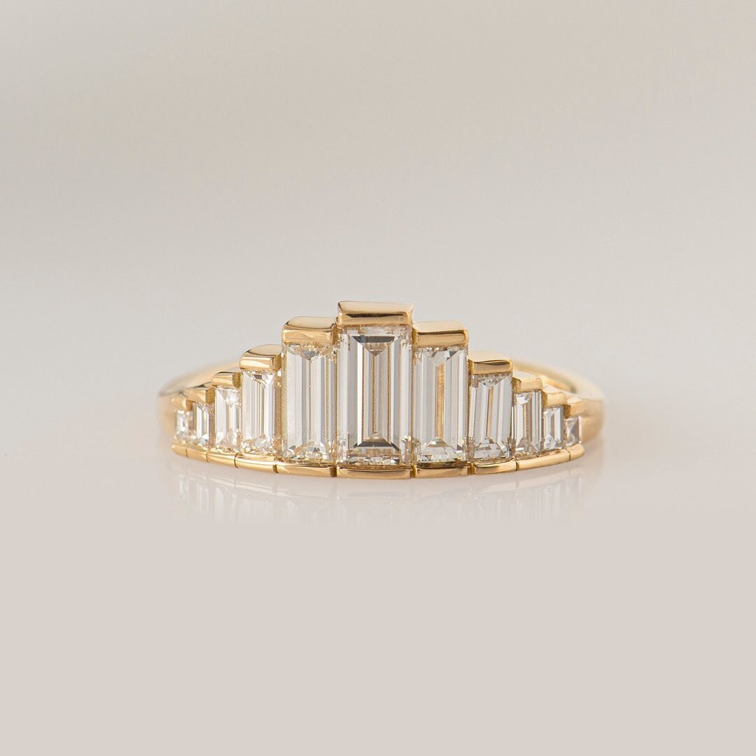 White Baguette Cut Diamond Bar Set Ring | Custom Order in Silver, Gold ...