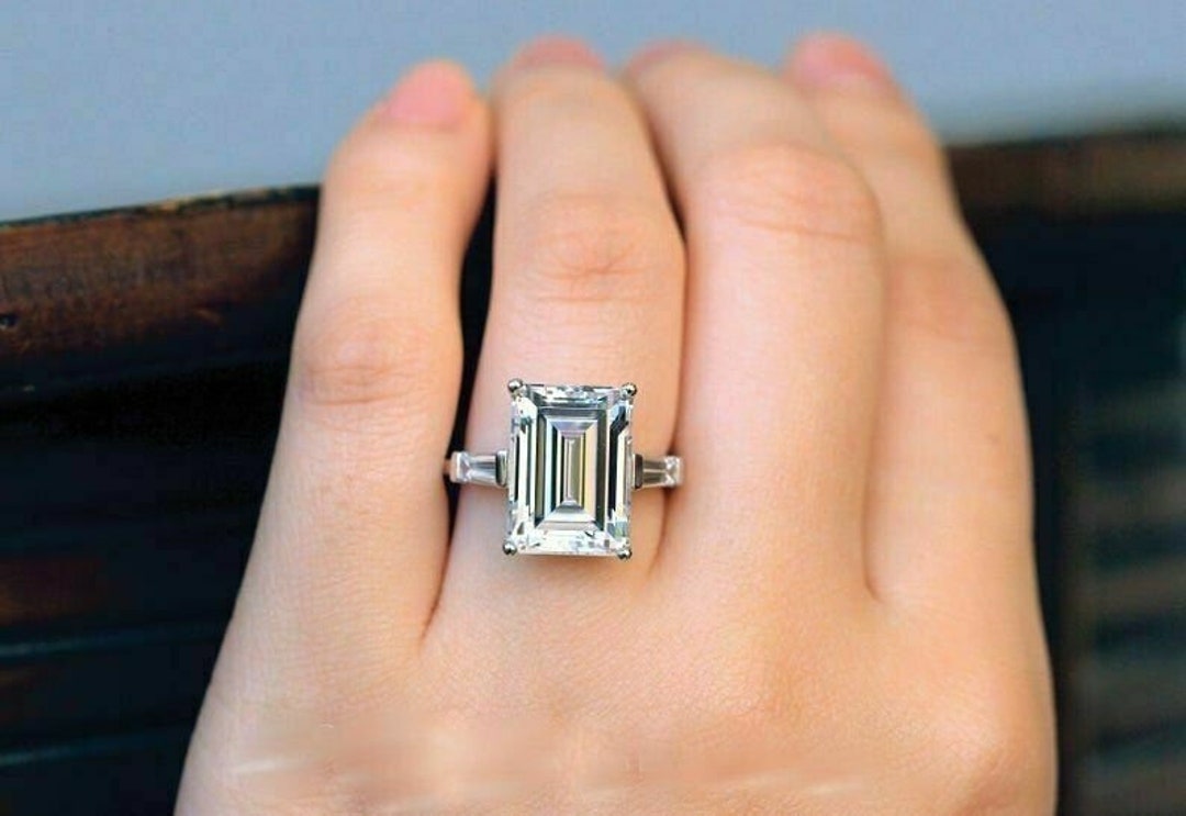 Emerald Cut Moissanite Ring 3 Stone Engagement Ring Trapper Baguette ...
