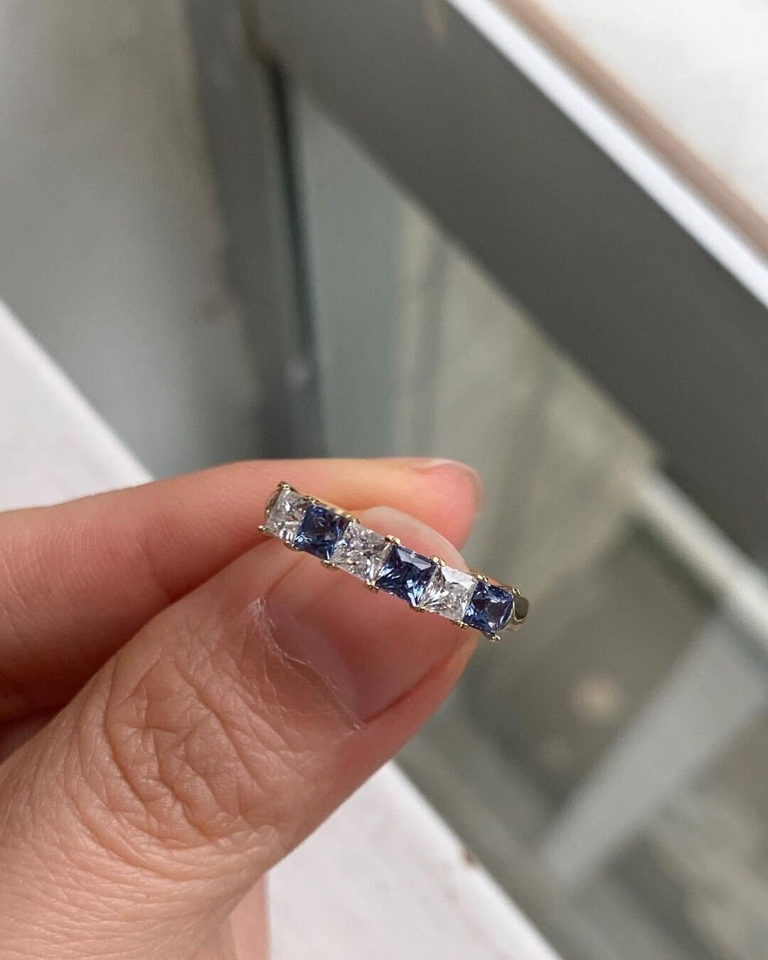 White & Blue Princess Cut Diamond Band Half Eternity Wedding Band ...