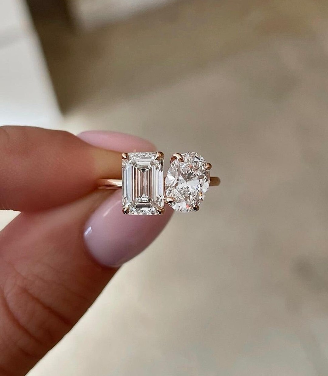 White Emerald and Oval Cut Diamond Two Stone Ring | Custom Order in ...