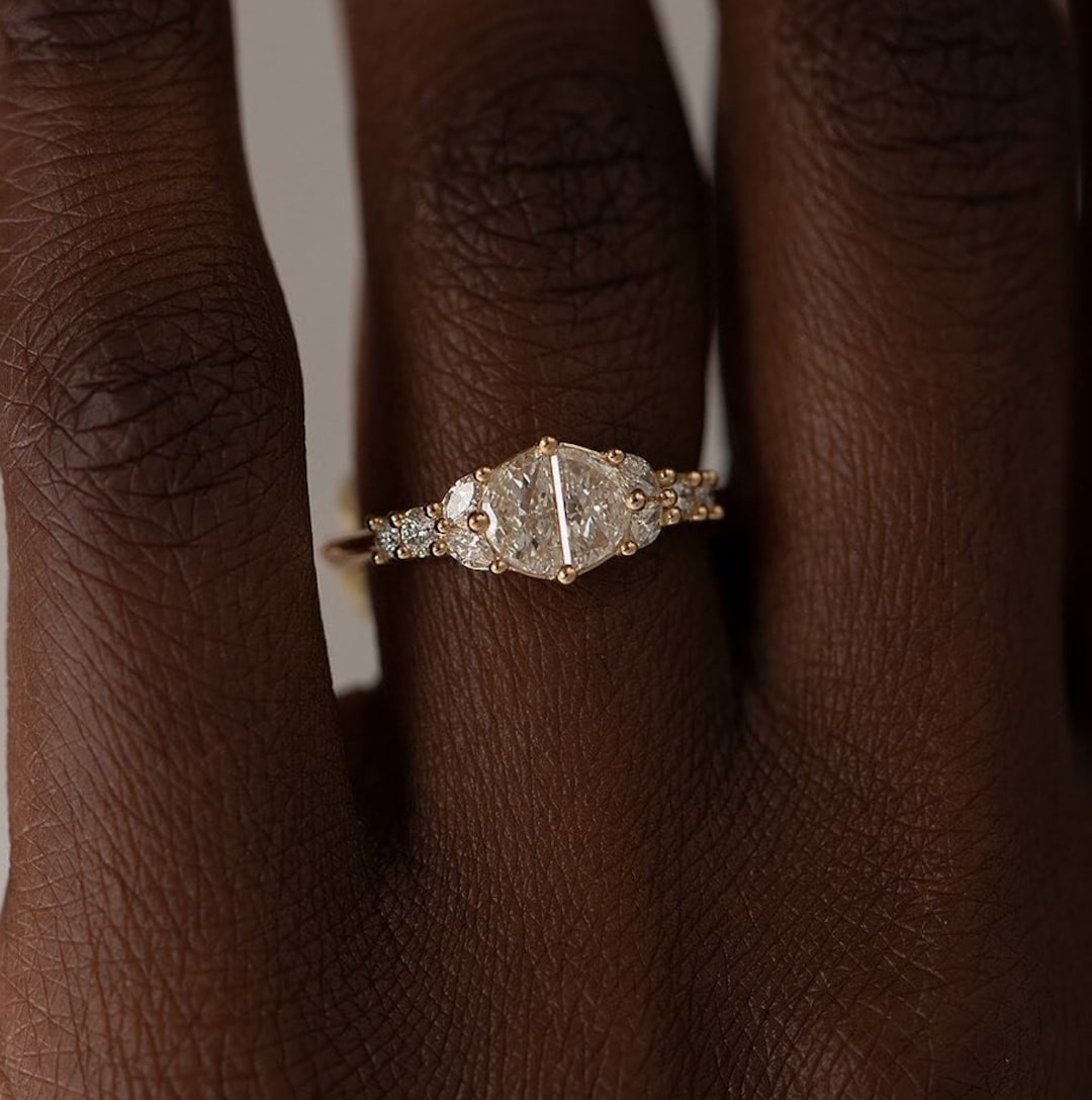 White Half Moon Cut Diamond Solitaire With Accents Ring | Custom Order ...